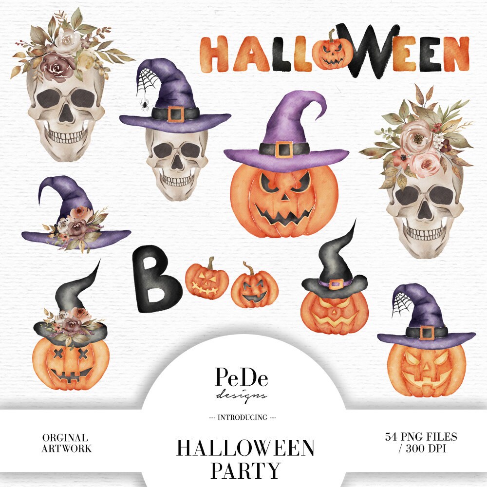 Watercolor Halloween Party Clip Art Autumn Cliparts Spooky - Etsy