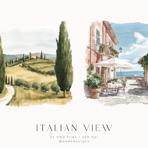 Watercolor Italian Coastal Clipart: Summer Travel Landscape (PNG ...