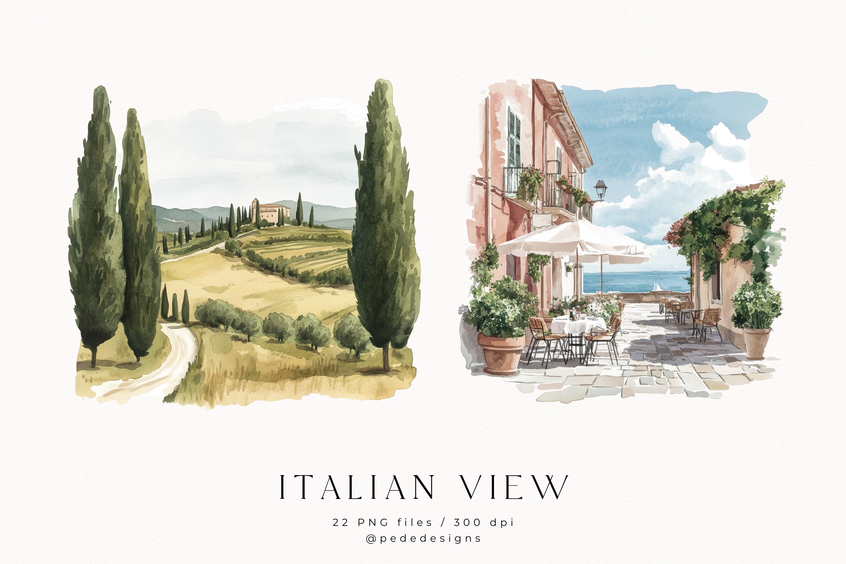 Watercolor Italian Coastal Clipart: Summer Travel Landscape (PNG ...