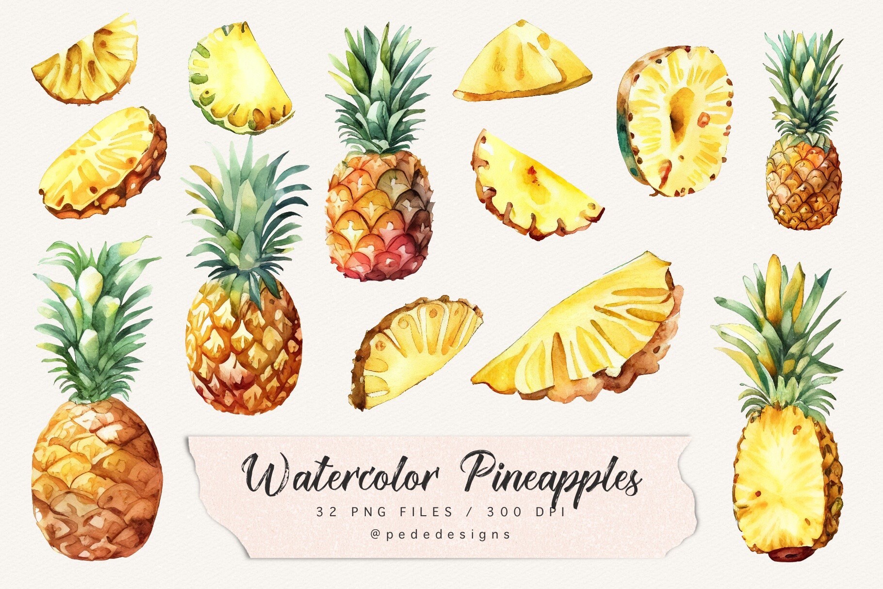 Watercolor Pineapples Clip Art Tropical Clipart Pineapple - Etsy