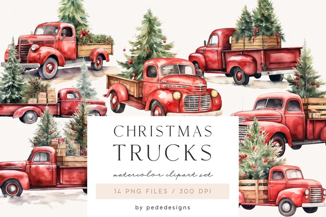 Christmas Trucks Clipart, Watercolor Christmas, Xmas Clipart, Red Truck ...