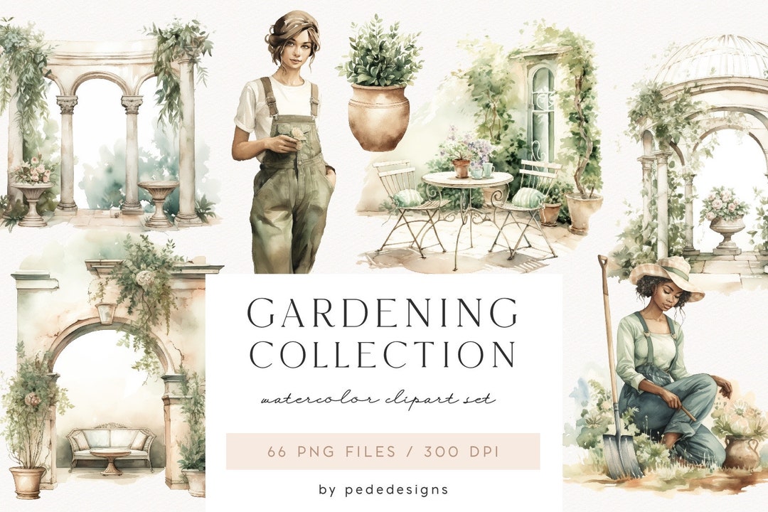 Gardening Collection, Watercolor Garden Plants, Spring Garden Graphics ...