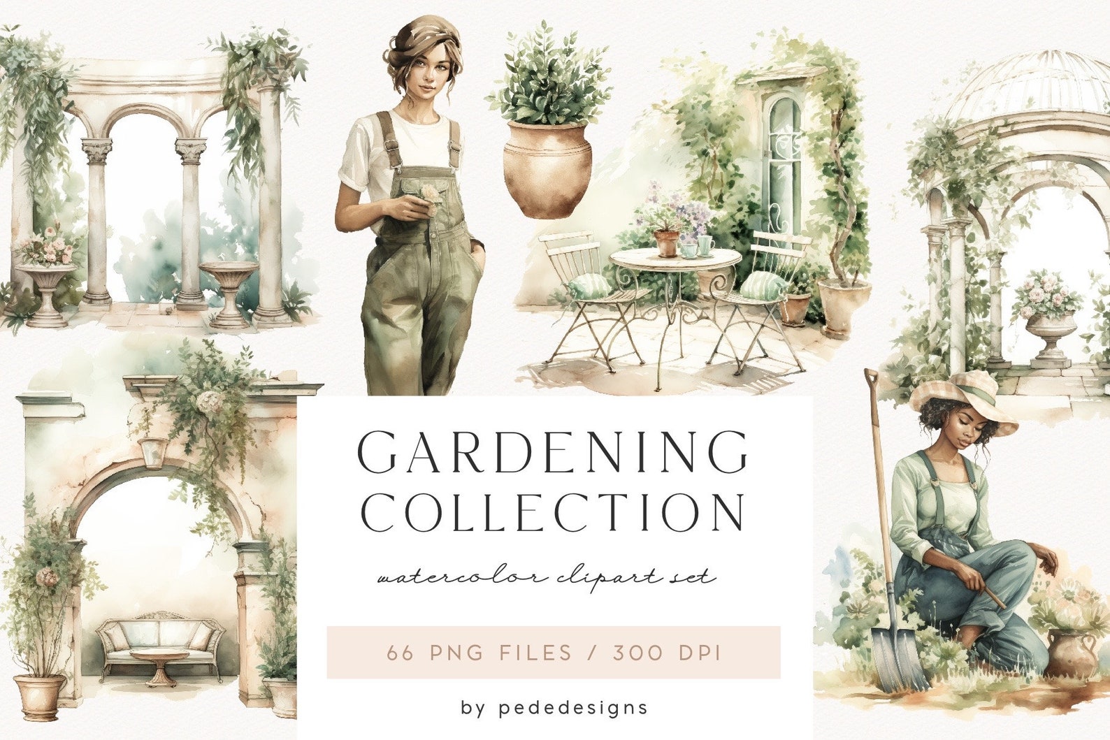 Gardening Collection, Watercolor Garden Plants, Spring Garden Graphics ...