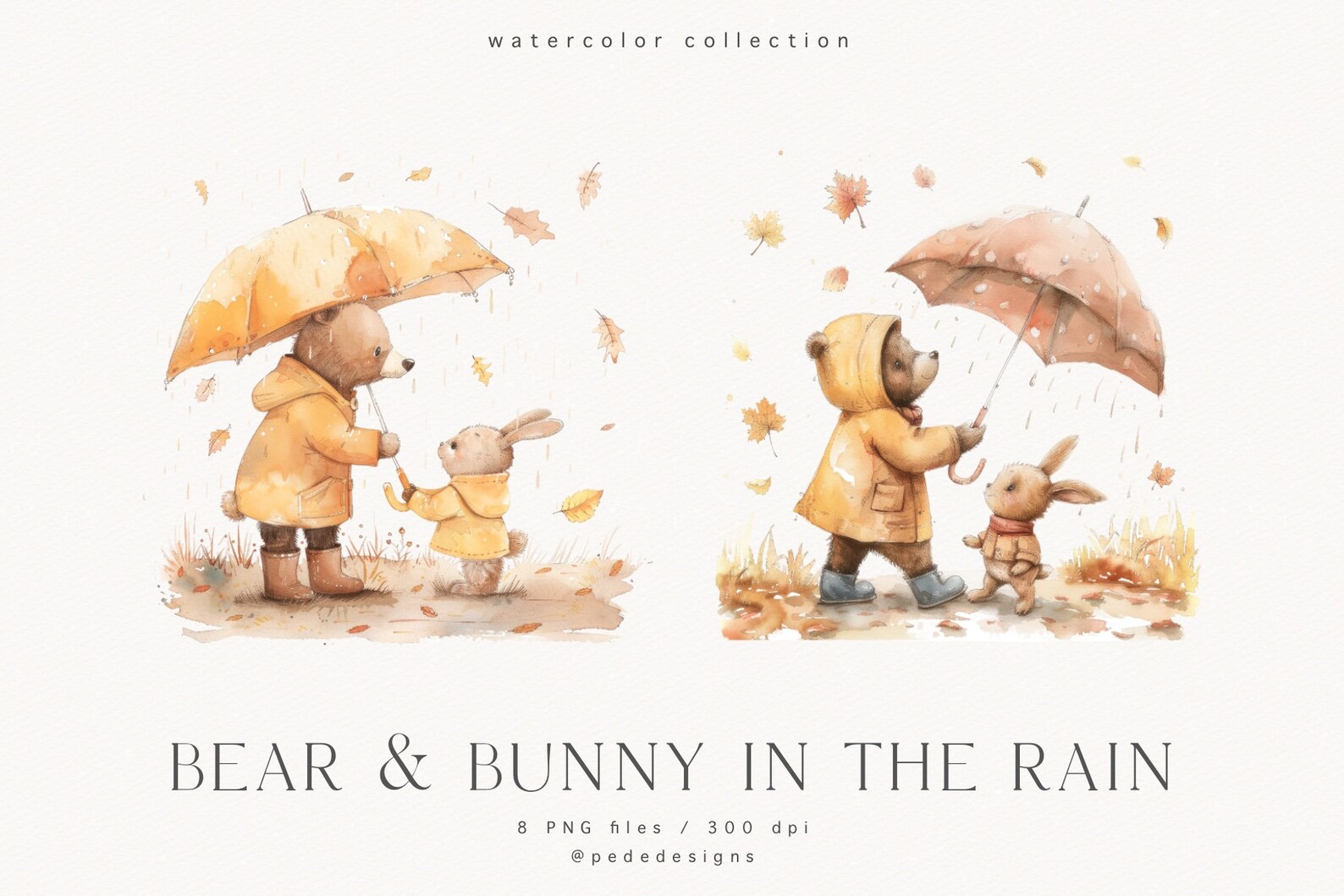Bear & Bunny Watercolor Clipart Set: Rainy Day Nursery Art (digital ...
