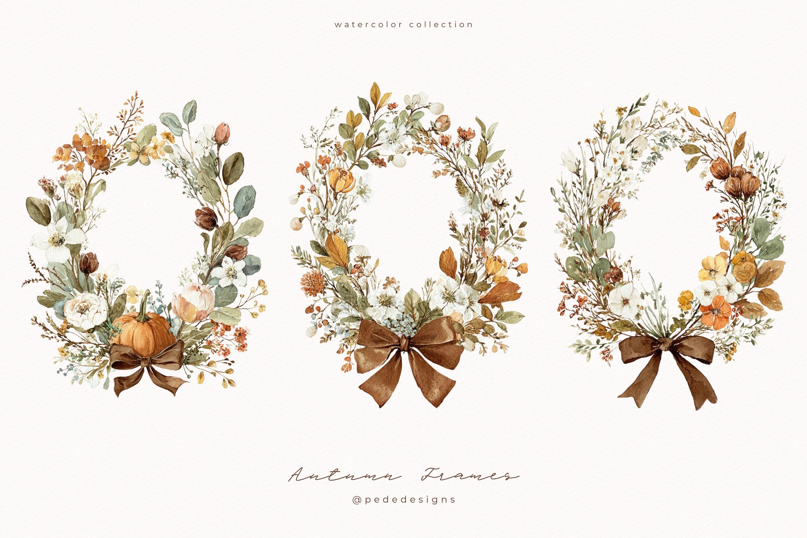 Watercolor Autumn Frames Clipart: Fall Flower Wreaths Graphics (digital ...