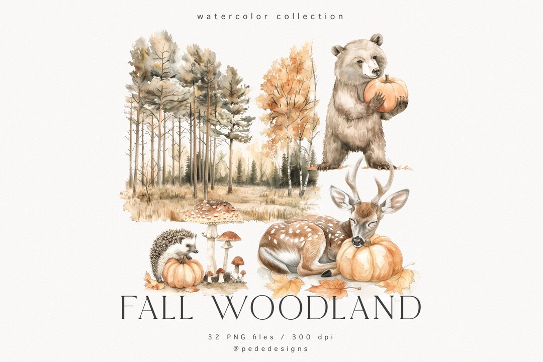 Fall Woodland Clip Art Set, Watercolor Forest Animals, Autumn Forest ...