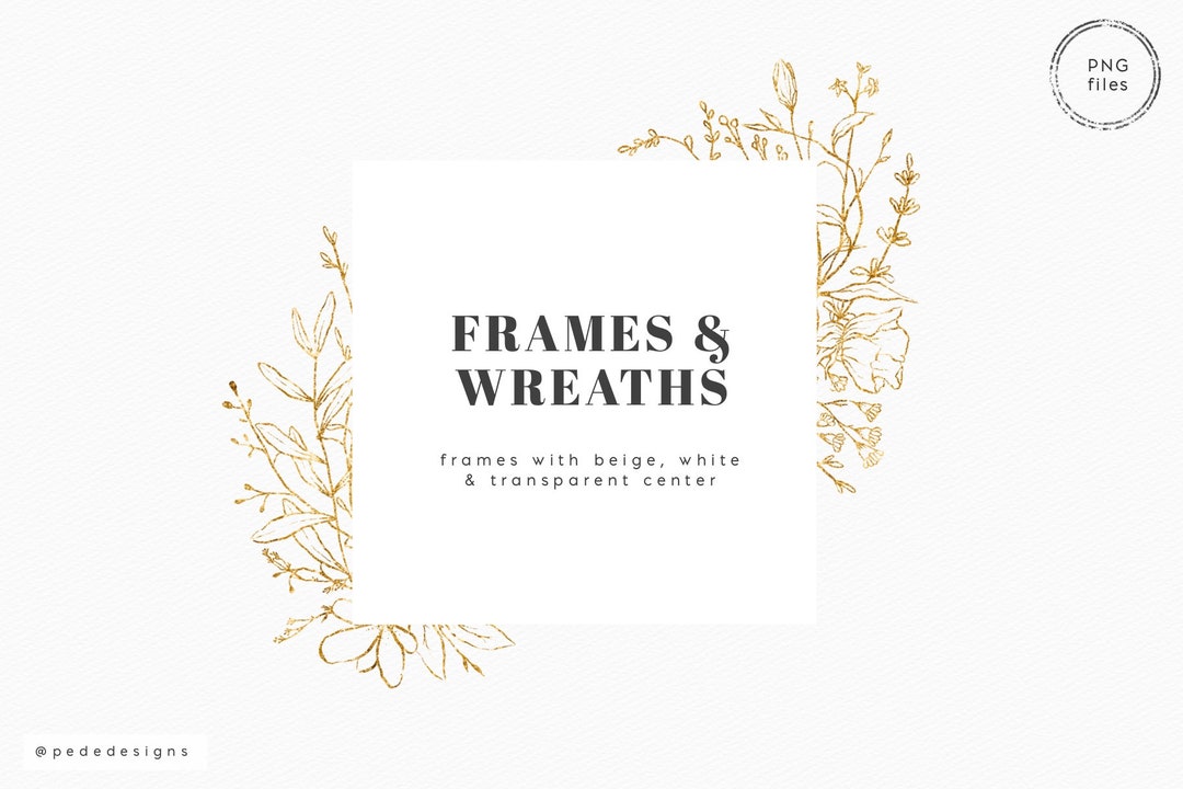 Gold Glitter Frames & Wreaths Clip Art, Wedding Design Element, Meadow ...