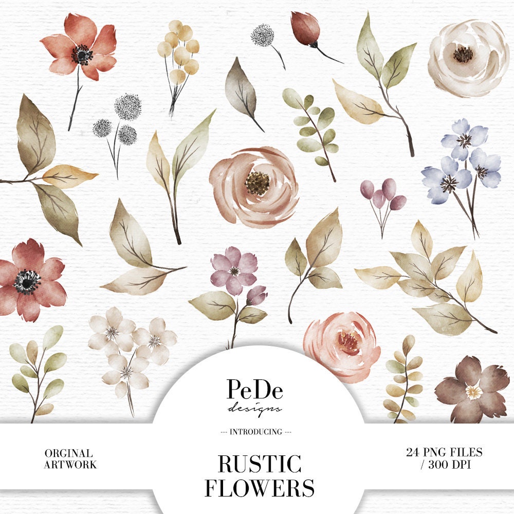 Watercolor Rustic Flowers Clip Art Pack Floral Cliparts - Etsy