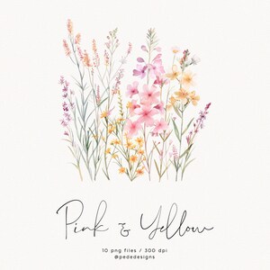 Pink & Yellow, Watercolor Meadow Clipart, Watercolor Wild Floral ...