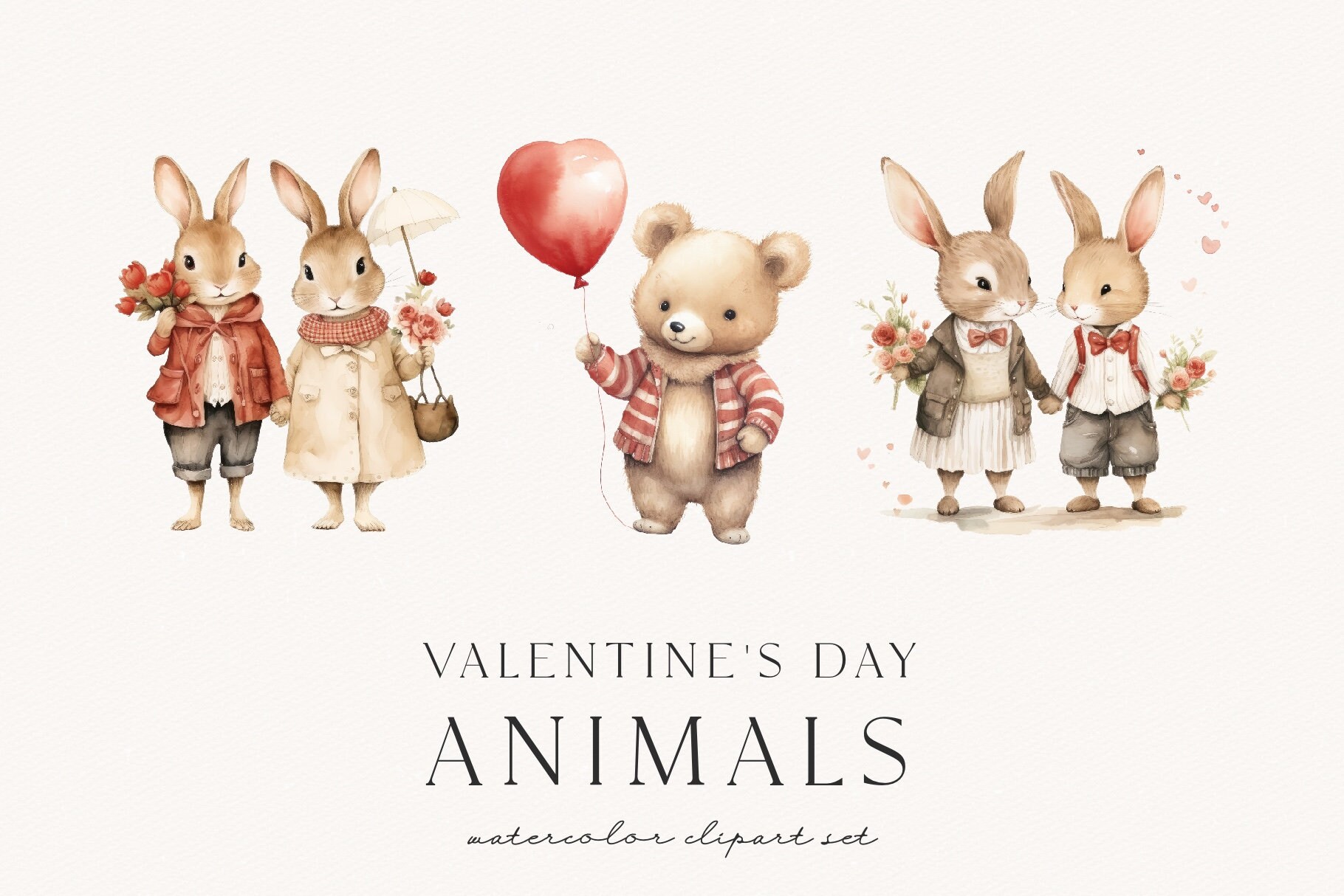 Watercolor Valentine's Day Clipart, Watercolor Baby Animals, Romantic ...
