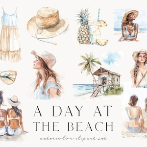A Day at the Beach, Watercolor Summer Clipart, Travel, Girl Clipart ...