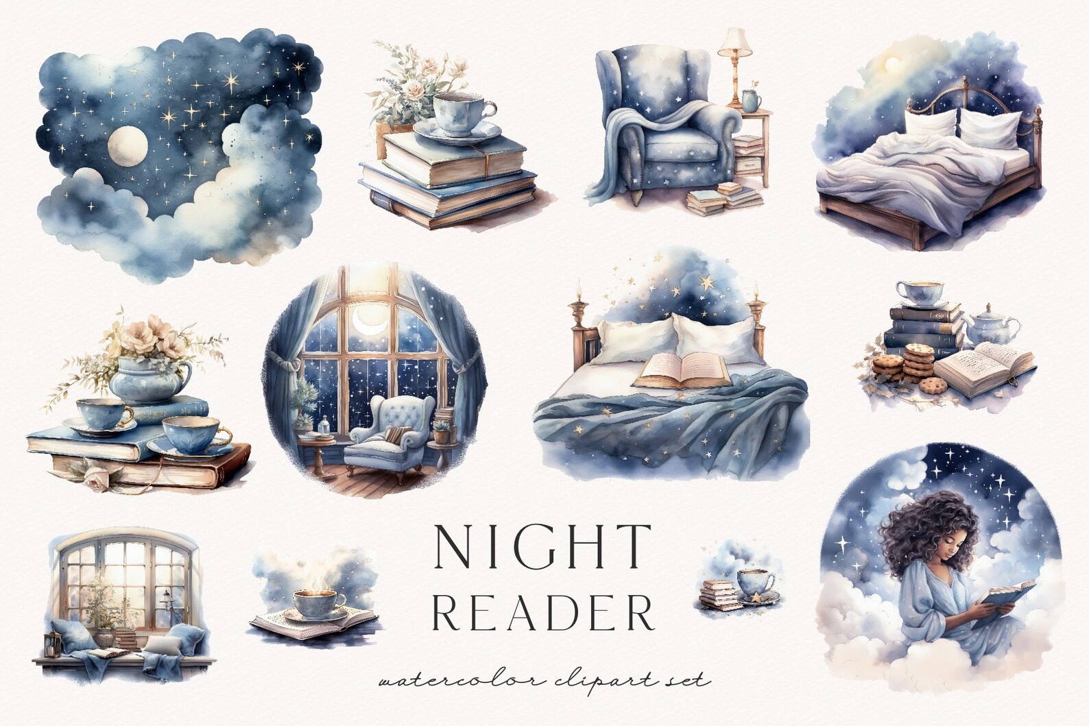 Night Reader, Watercolor Books Clipart, Moon and Stars, Night Reading ...