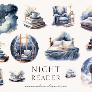 Night Reader, Watercolor Books Clipart, Moon and Stars, Night Reading ...