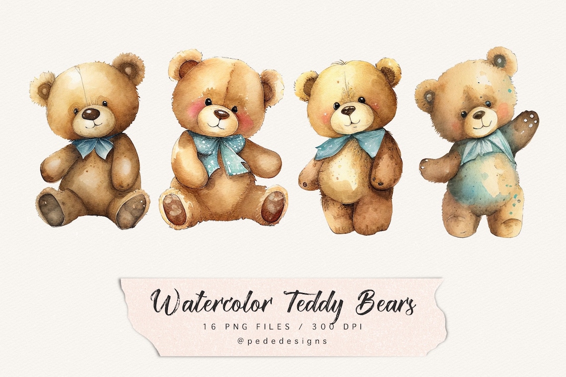 Watercolor Teddy Bears Clip Art, Nursery Clipart, Baby Shower ...