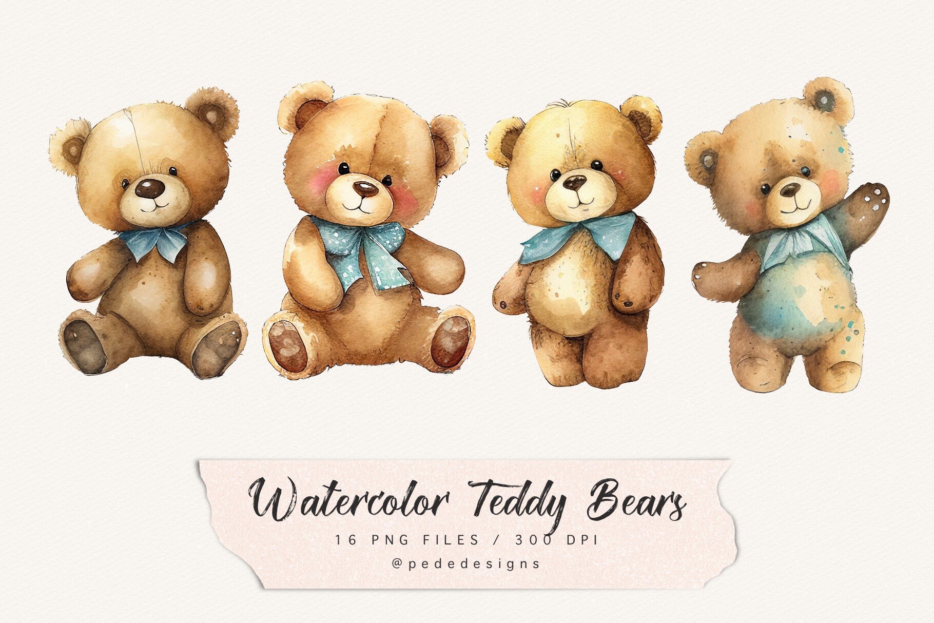 Watercolor Teddy Bears Clip Art, Nursery Clipart, Baby Shower ...