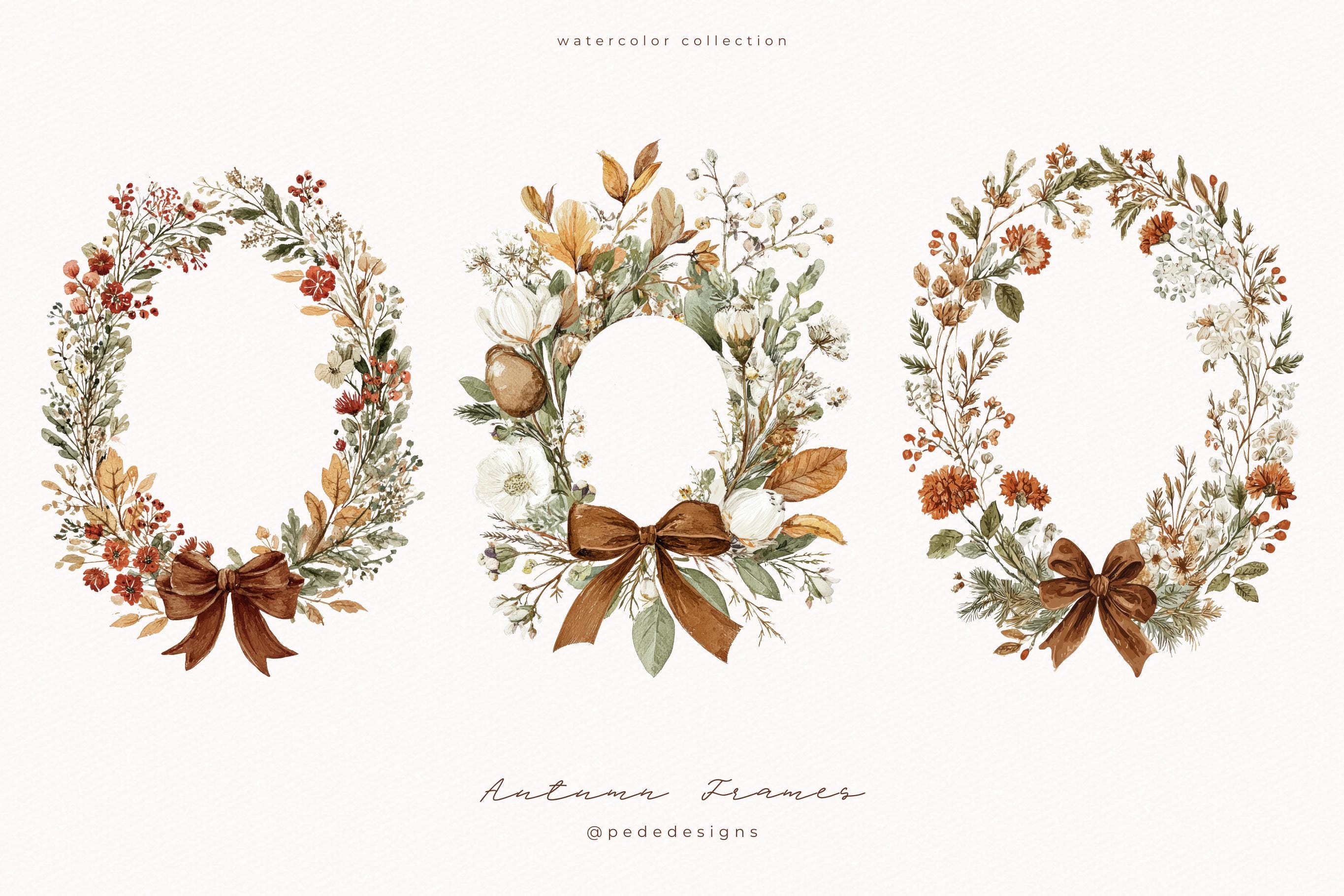 Watercolor Autumn Frames Clipart: Fall Flower Wreaths Graphics (digital ...