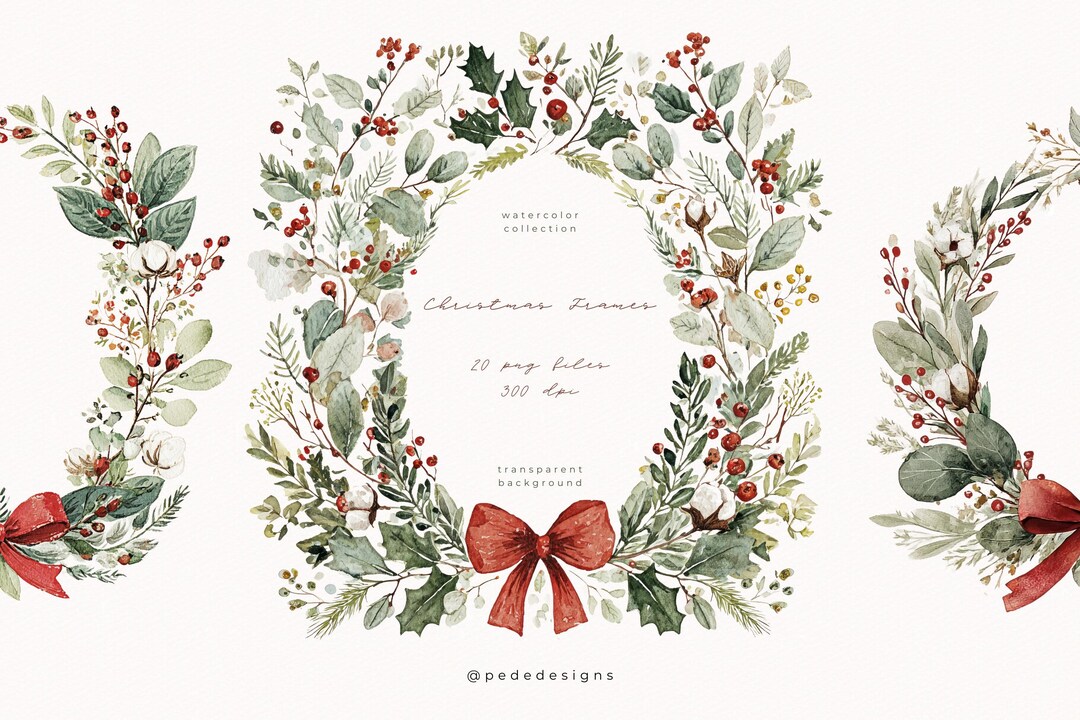 Watercolor Christmas Frames Clipart: Winter Botanical Wreaths Graphics ...