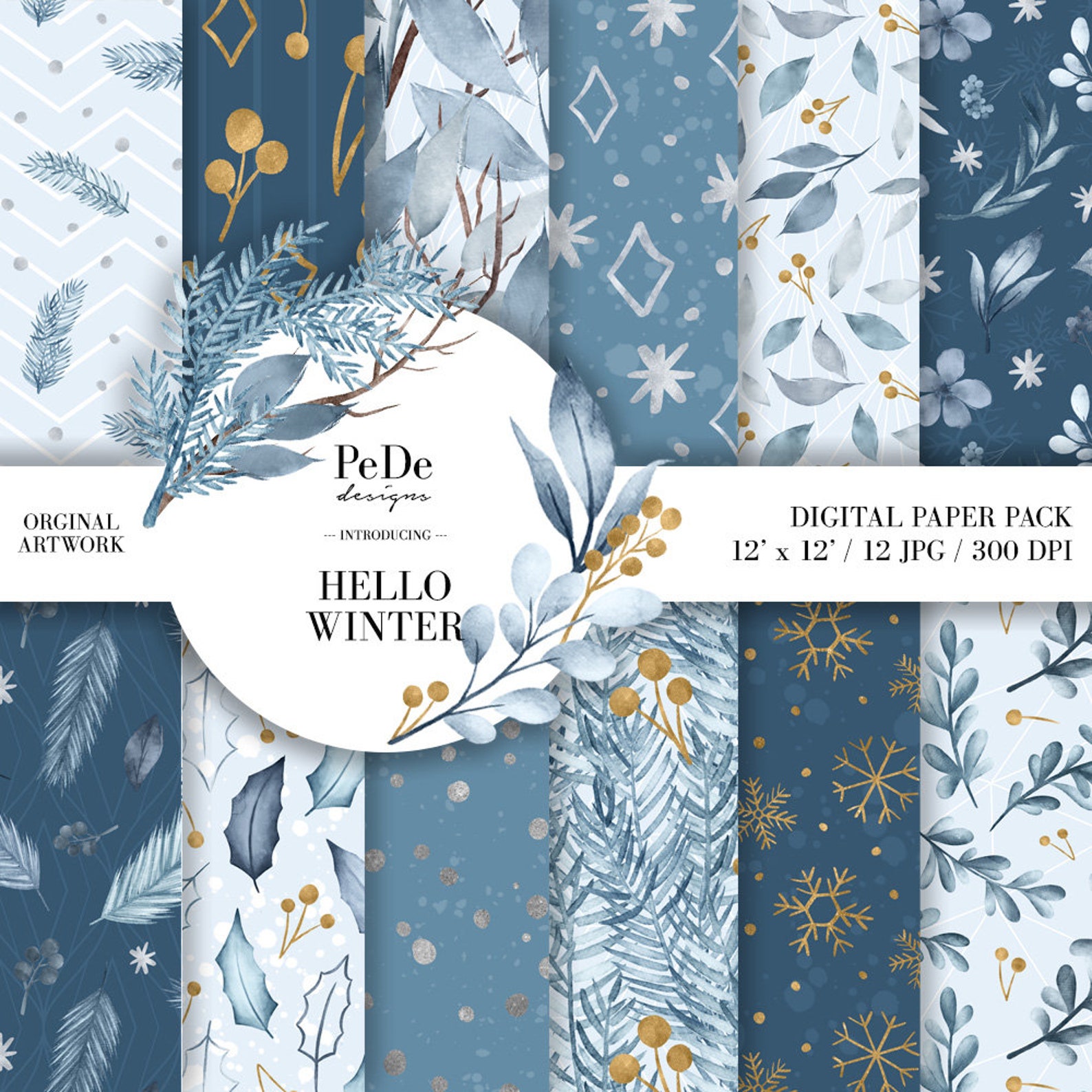 Hello Winter Winter Digital Paper Pack Watercolor Winter - Etsy