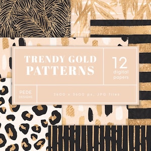 Gold Digital Paper Pack, Tropical Digital Paper, Gold Foil Patterns ...