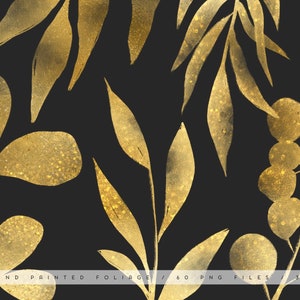 Gold Watercolor Foliage, Gold Clip Art, Glitter Leaves, Golden Leaves ...