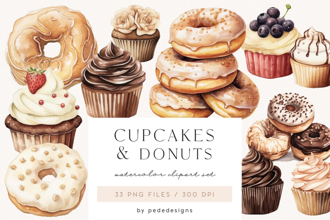 Cupcakes & Donuts, Baking Watercolor Clipart, Dessert Png Graphics ...