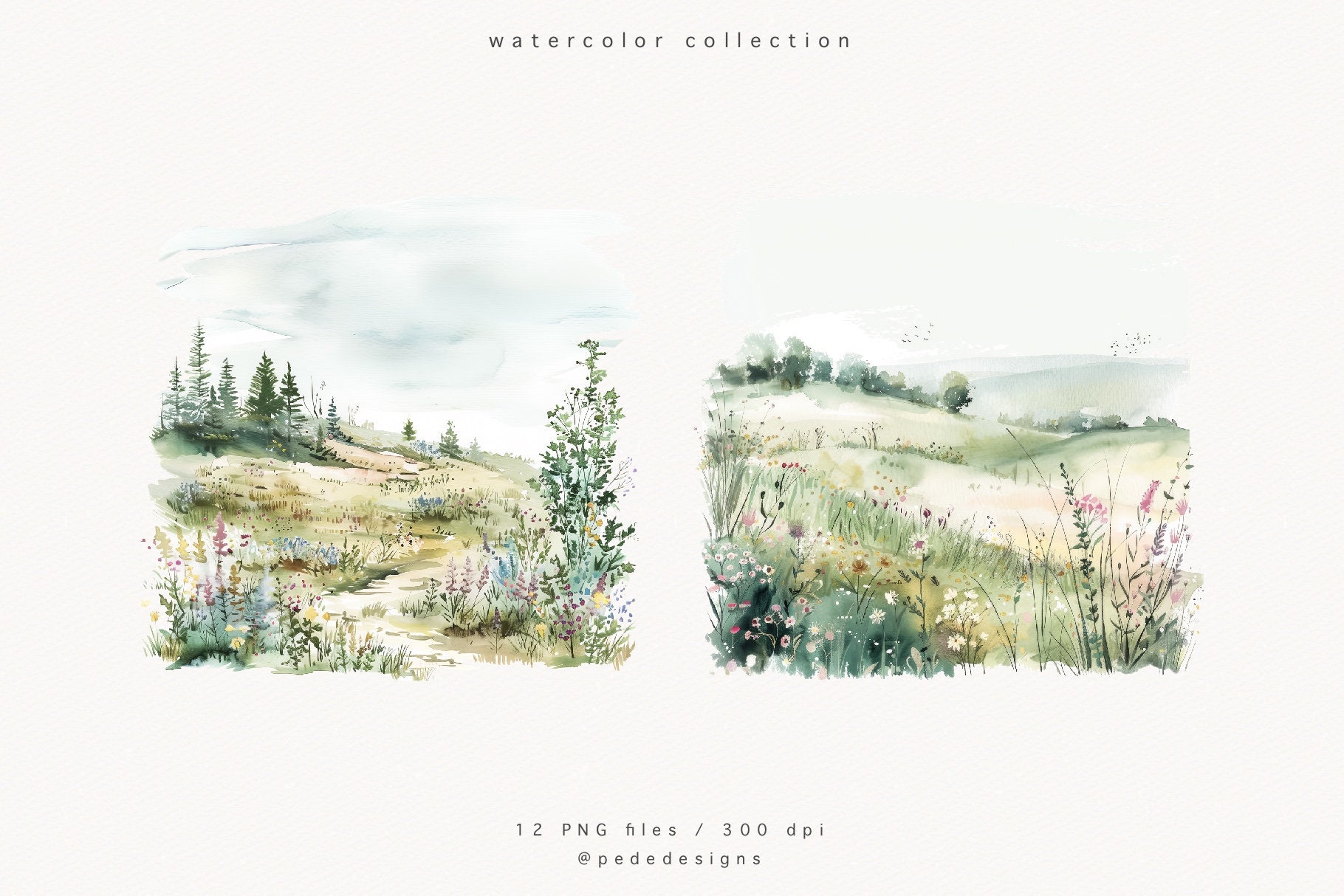 Watercolor Summer Landscape Clipart: Meadow, Mountains, Floral Field ...