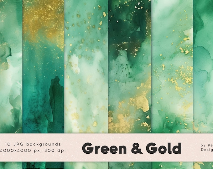 Emerald Green Digital Paper Clipart, Watercolor Digital Papers, Gold ...