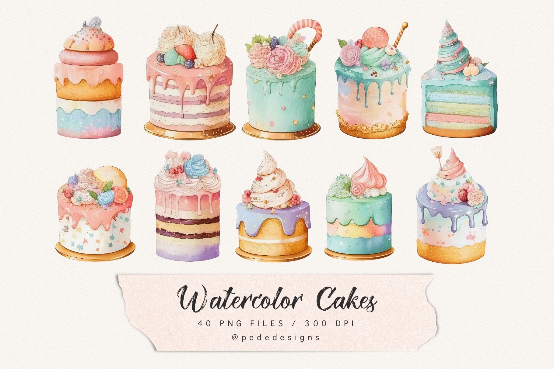 Watercolor Cakes Clip Art, Birthday Clipart, Dessert Illustration ...