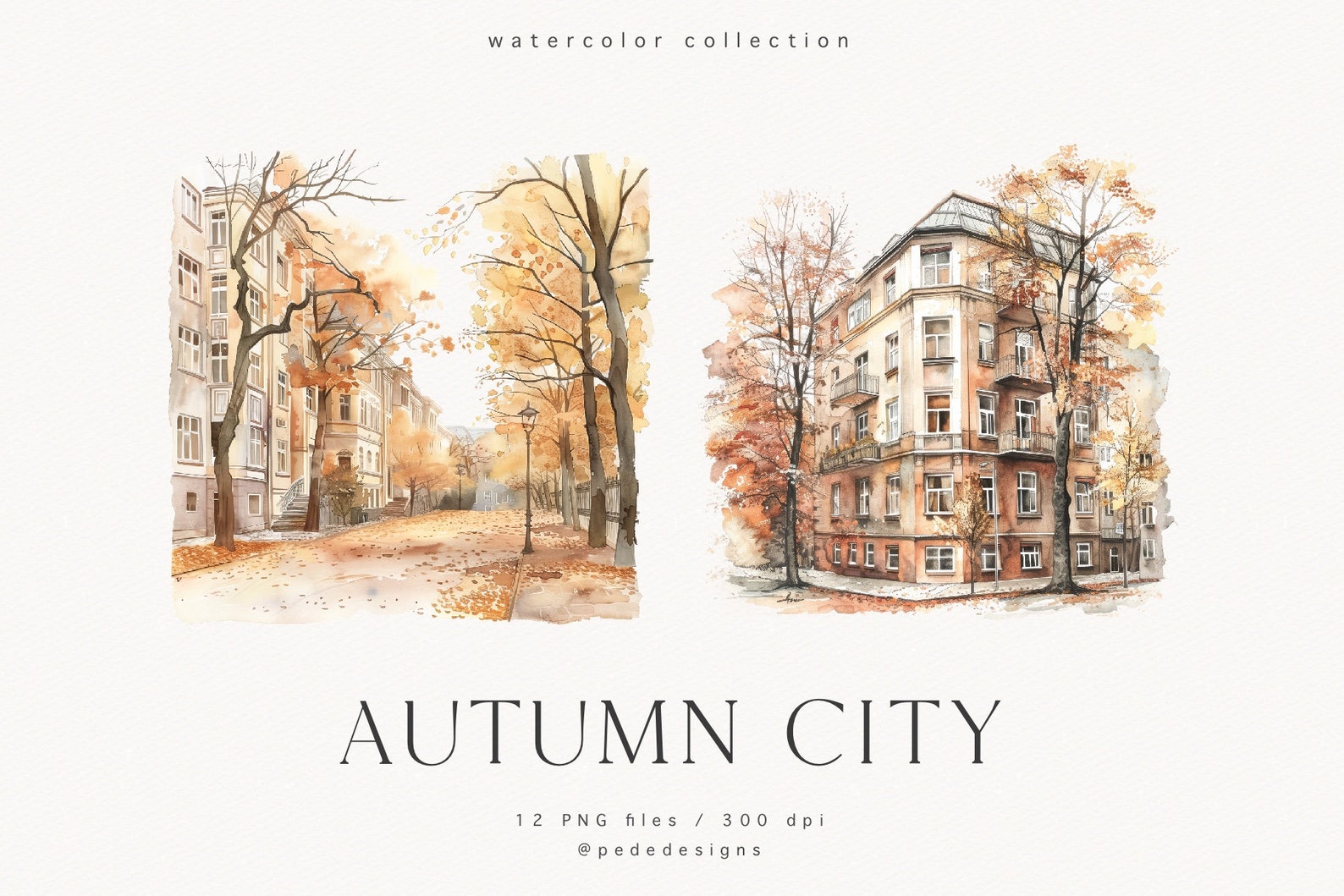 Autumn City Clip Art Set, Autumn Town, Watercolor Fall Scenery, Autumn ...