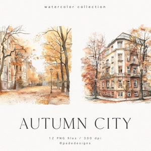 Autumn City Clip Art Set, Autumn Town, Watercolor Fall Scenery, Autumn ...