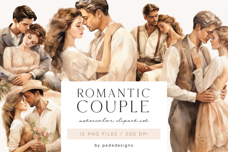 Watercolor Romantic Couple Clipart: Vintage Wedding PNG Images (digital ...