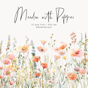 Meadow With Poppies, Watercolor Green Meadow Clipart, Watercolor Wild ...