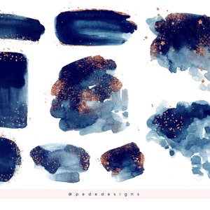 Watercolor Strokes Clipart, Rose Gold Glitter, Navy Blue Watercolor ...
