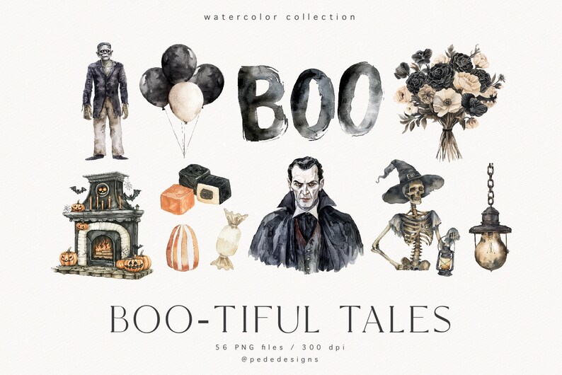 Boo-tiful Tales Clip Art Set, Watercolor Halloween Clipart, Scary ...