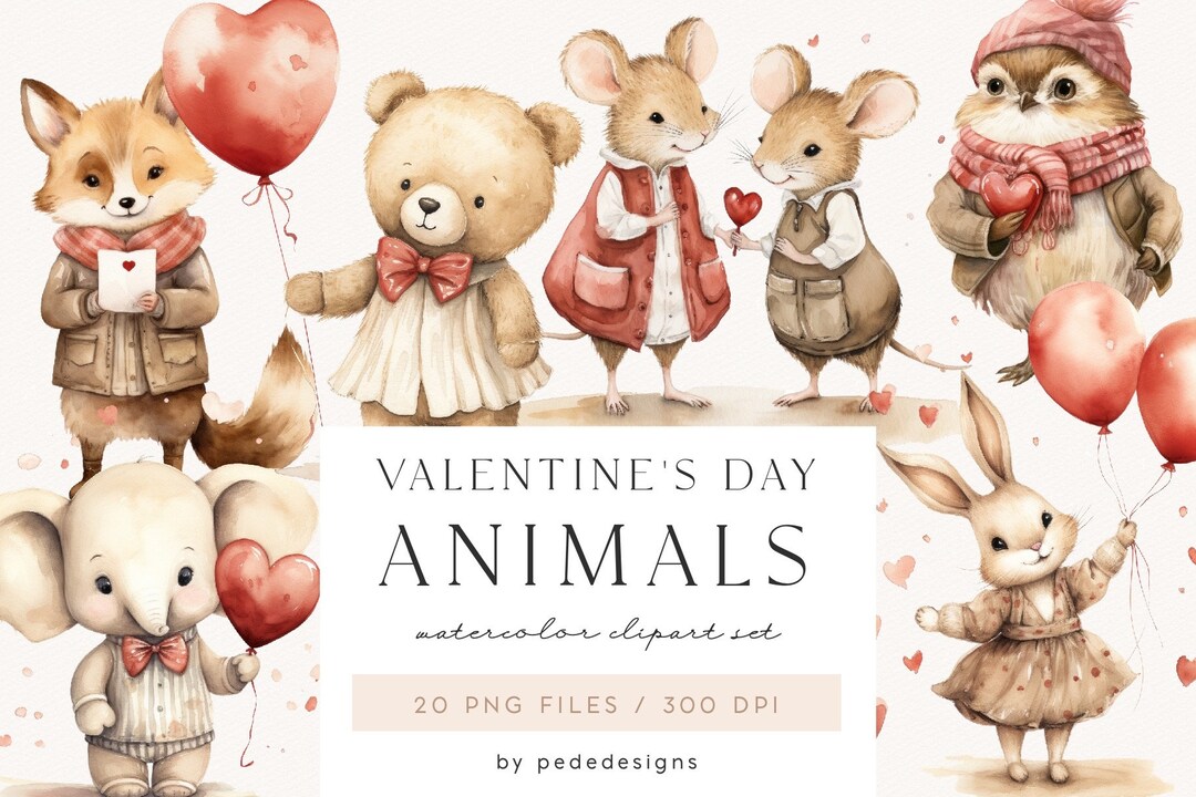 Watercolor Valentine's Day Clipart, Watercolo Animals, Love Png ...