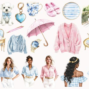 Preppy Glam Clip Art Set, Watercolor Spring Png, Girl Clipart, Stripes ...