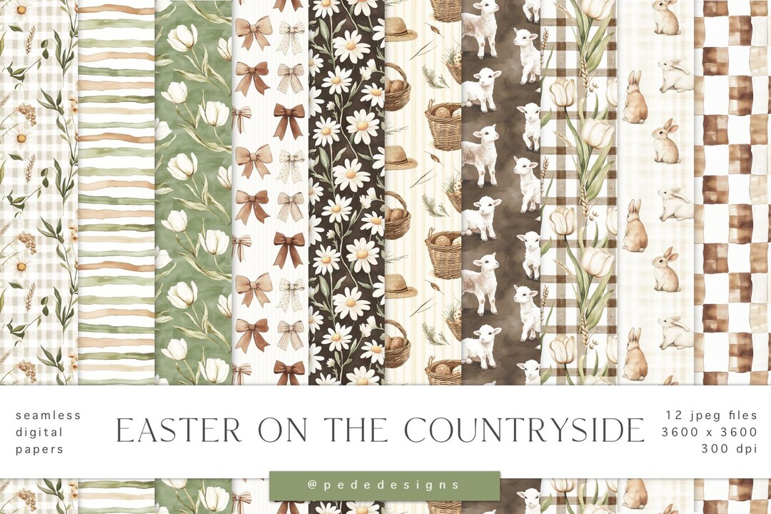 Easter on the Countryside Digital Papers, Easter Digital Papers Set, Spring Repeating Pattern ...