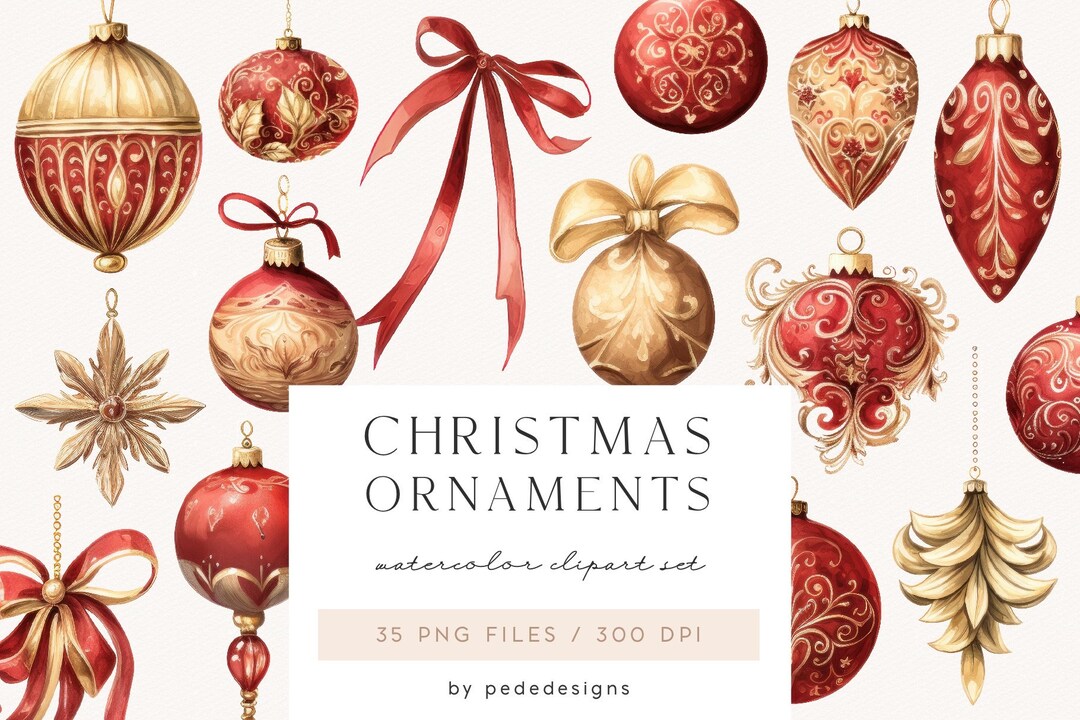 Christmas Ornaments Clipart, Watercolor Christmas Baubles, Red & Gold ...