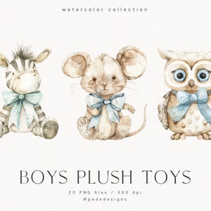 Boys Plush Toys Clip Art Set, Vintage Watercolor Clipart, Plush Animals ...