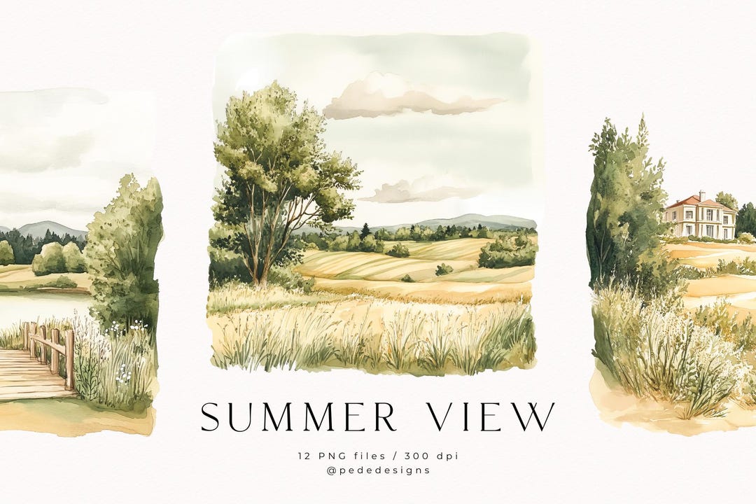 Summer View Landscape Illustration, Watercolor View Clipart, Travel ...