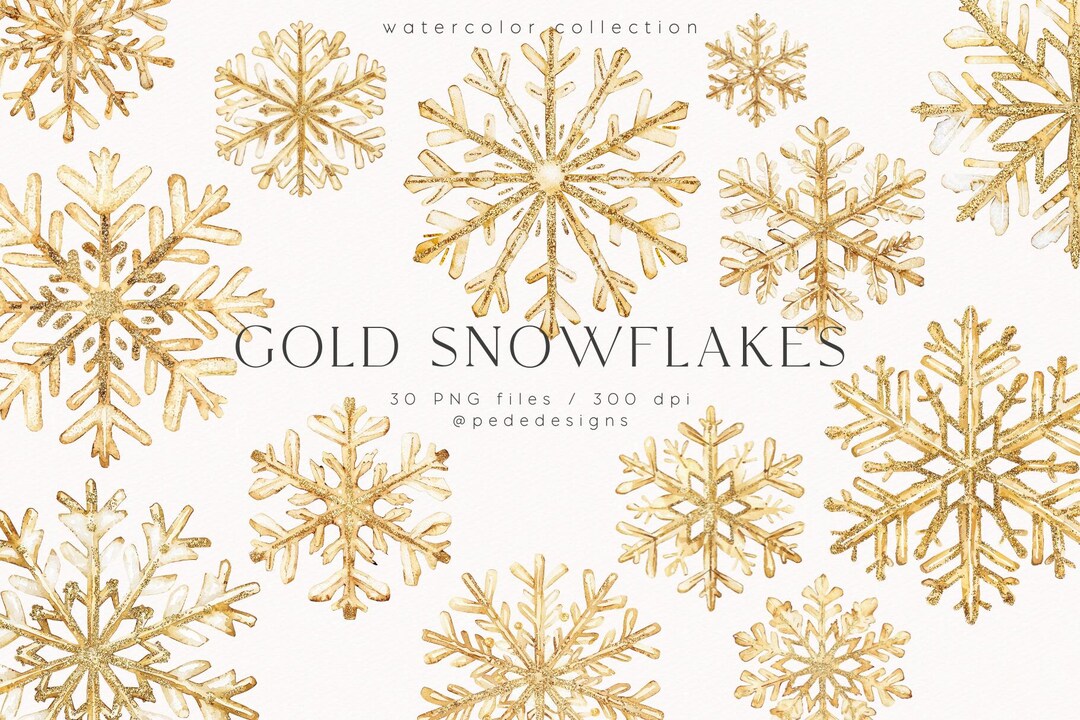 Gold Snowflakes Clip Art, Watercolor Winter Clipart, Gold Glitter, Snow ...