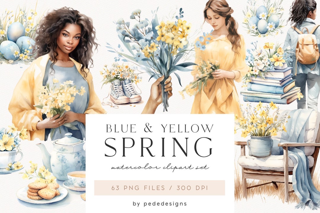Blue & Yellow Spring Collection, Watercolor Spring Clipart, Travel ...