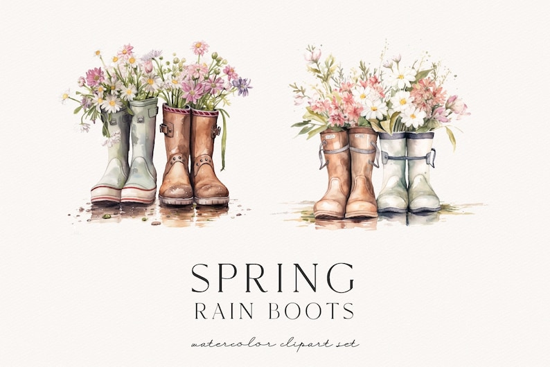 Spring Rain Boots, Watercolor Png Clipart, Spring Illustration, Garden ...