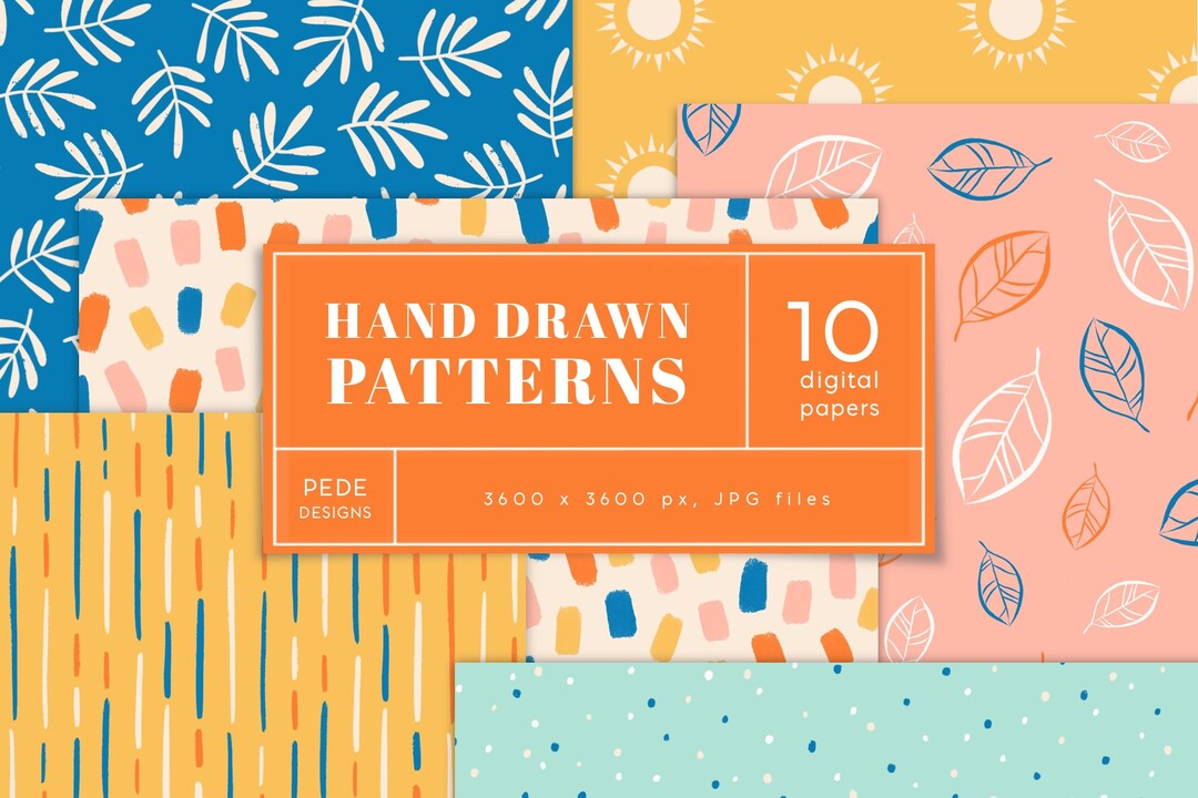 Digital Paper Pack, Hand Drawn Pattern, Floral, Brush Patterns, Yellow ...