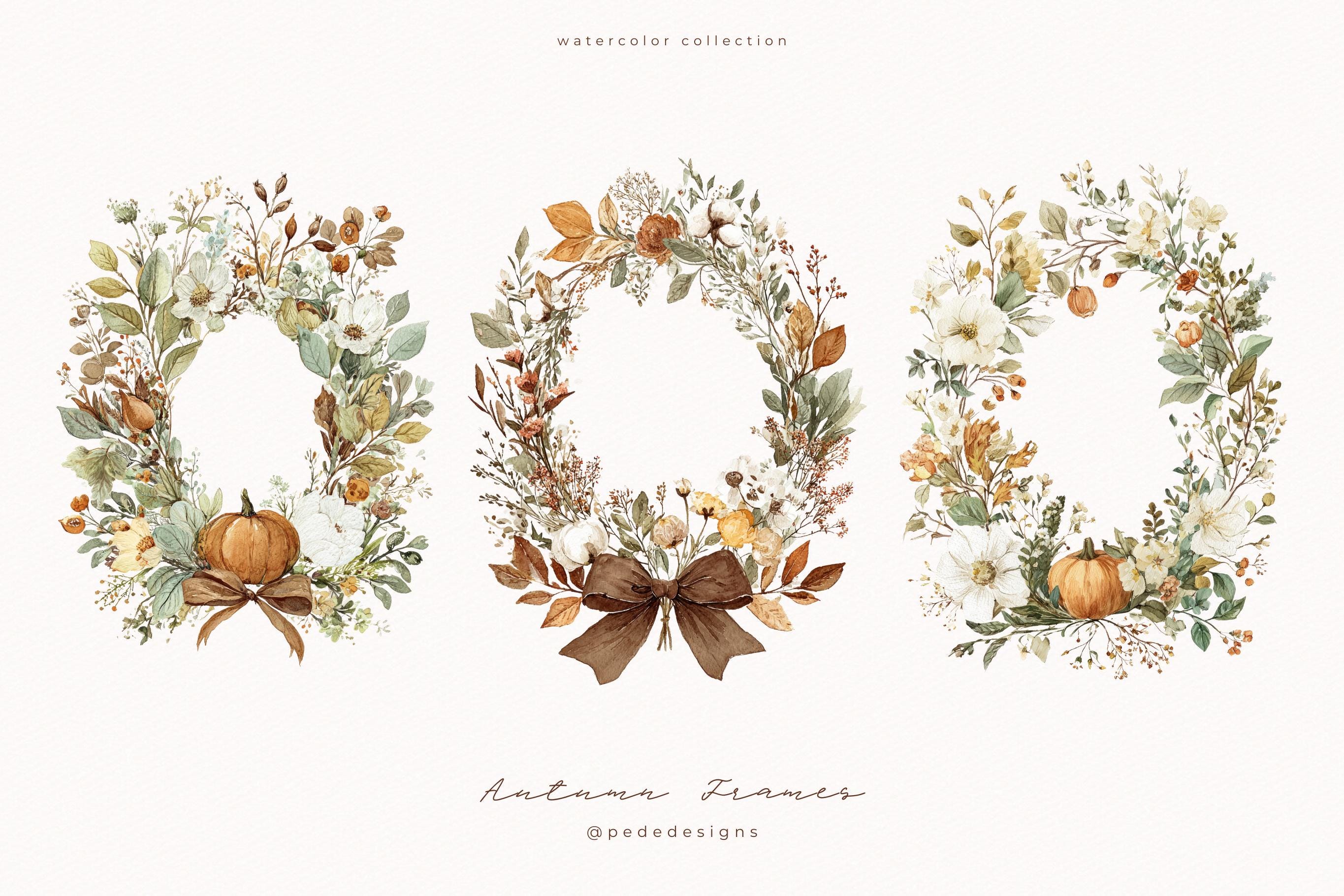 Watercolor Autumn Frames Clipart: Fall Flower Wreaths Graphics (digital ...