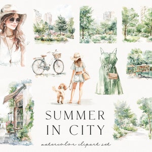 Summer in City, Watercolor Summer Clipart, Travel Graphics, Girl Png ...