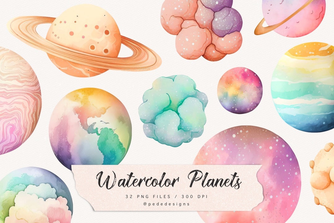 Watercolor Planet Clip Art, Planets Clipart, Solar System, Earth, Moon ...