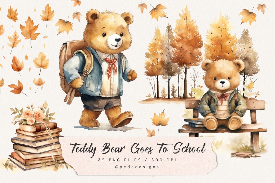 Teddy Bear Back to School Watercolor Clipart: Autumn PNG Graphics ...