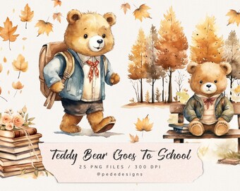 Teddy Bear Back to School Watercolor Clipart: Autumn PNG Graphics ...