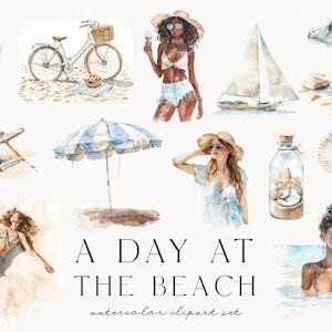 A Day at the Beach, Watercolor Summer Clipart, Travel, Girl Clipart ...